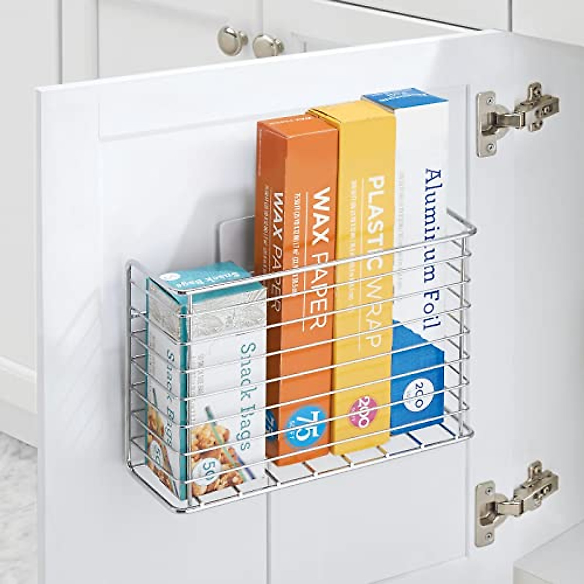 mDesign Metal Hanging Shelf-Adhesive Kitchen Storage Organizer Basket Bin - For Bags, Tin Foil, Wax Paper, Saran Wrap - Hardware Included, Solid Steel, 2 Pack - Chrome