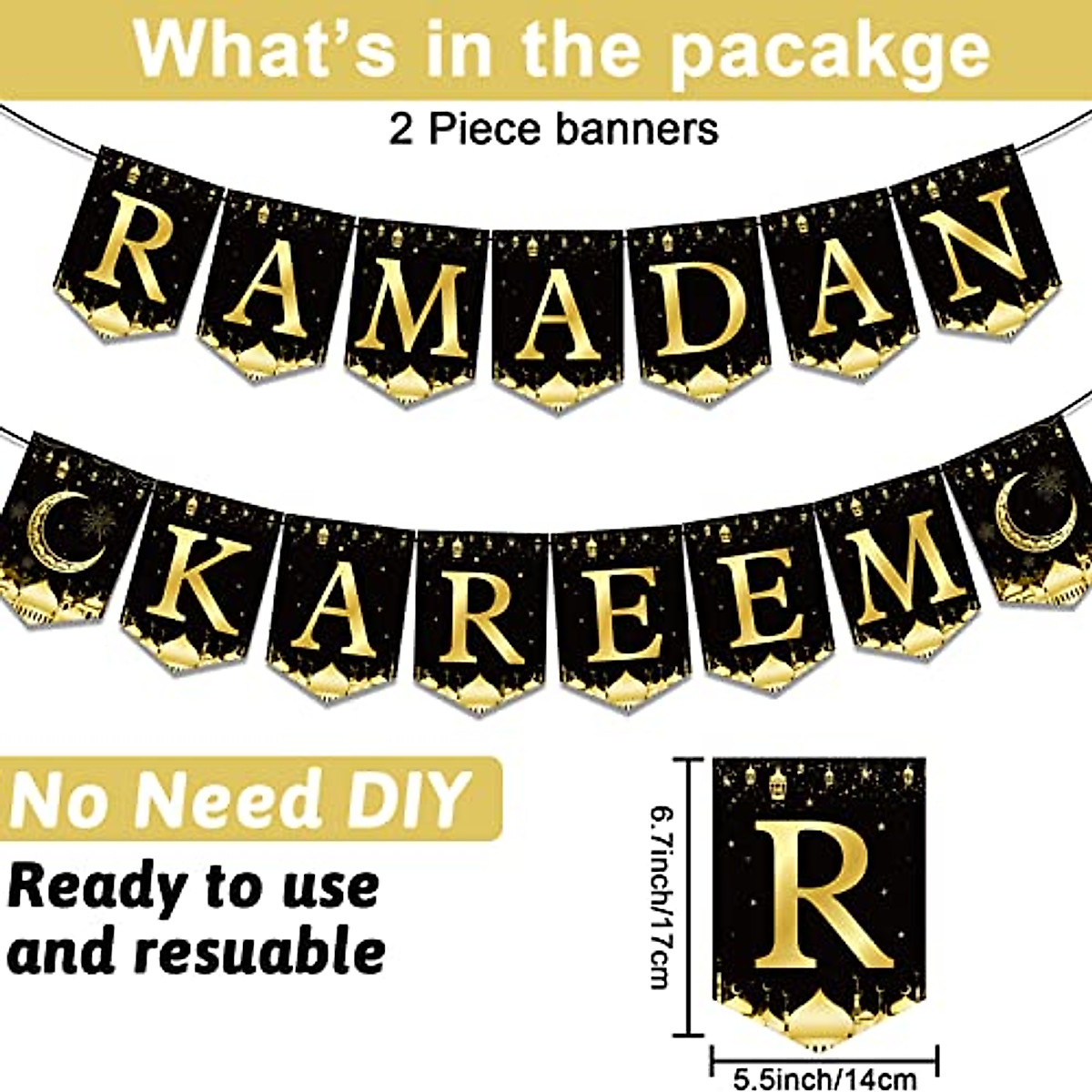 Ramadan Mubarak Banner Party Decorations Black Gold Moon Lantern Hanging Bunting Ramadan Kareem Hanging Banner Party Supply for Home Wall Window Door Fireplace Mantle Ramadan EID Party Favor