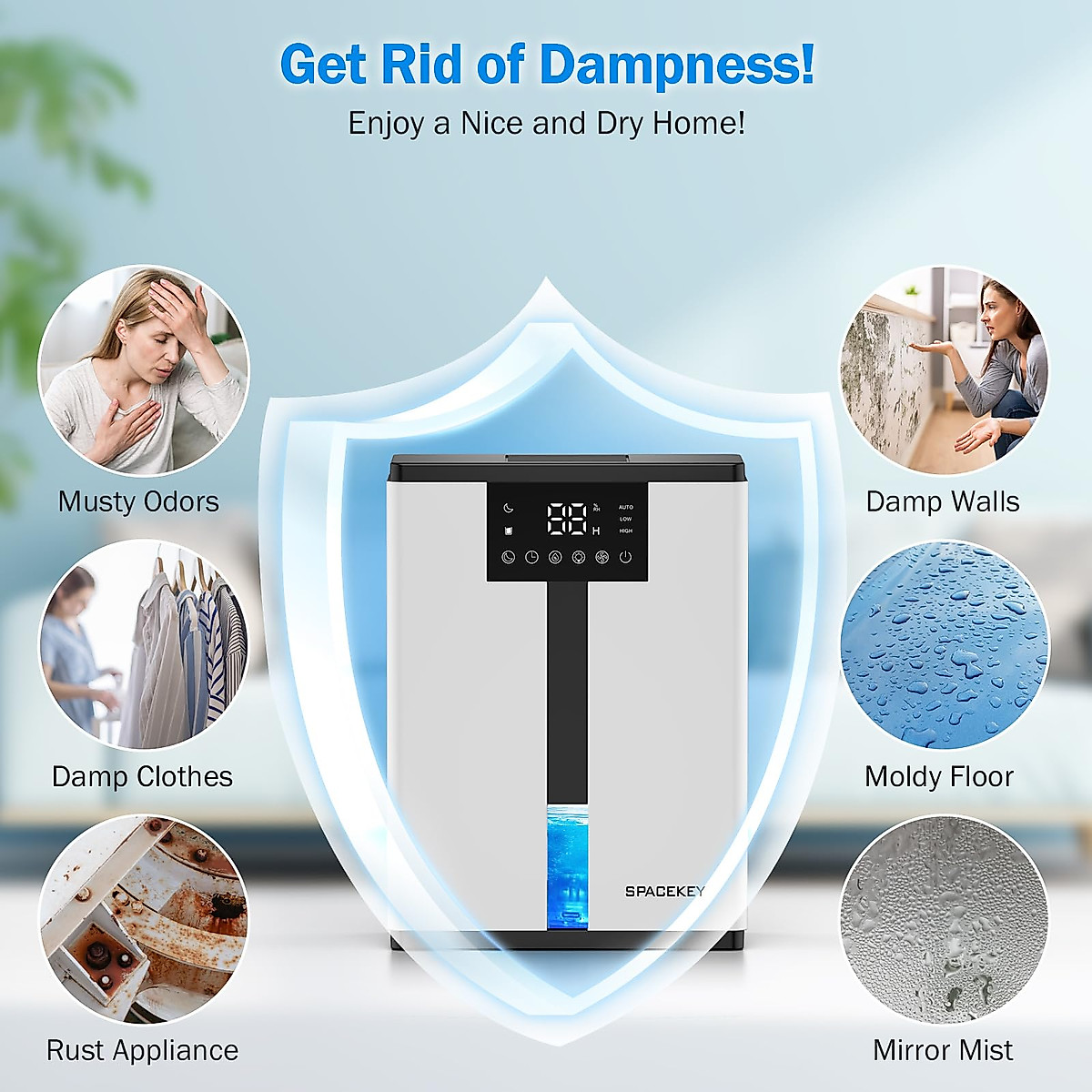 Dehumidifier,106 OZ / 850 Sq. Ft Dehumidifiers for Home Basement Bedroom Bathroom Room RV Closet with Intelligent Humidity Control, 4 Speeds, Timer, Auto Shut Off, 7 Colorful Light, White