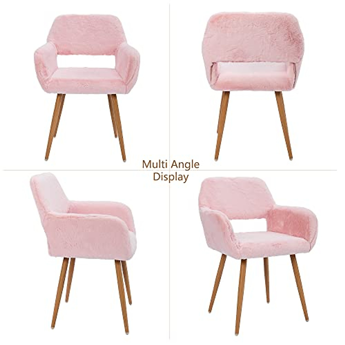 Faux Fur Chair for Bedroom Mid Century Modern Desk Living Room Chairs with Armrest, Sherpa Accent Dining Chair, Comfy Armchair with Metal Legs, Home Girls Vanity Makeup Study Office Desk Chair (Pink)