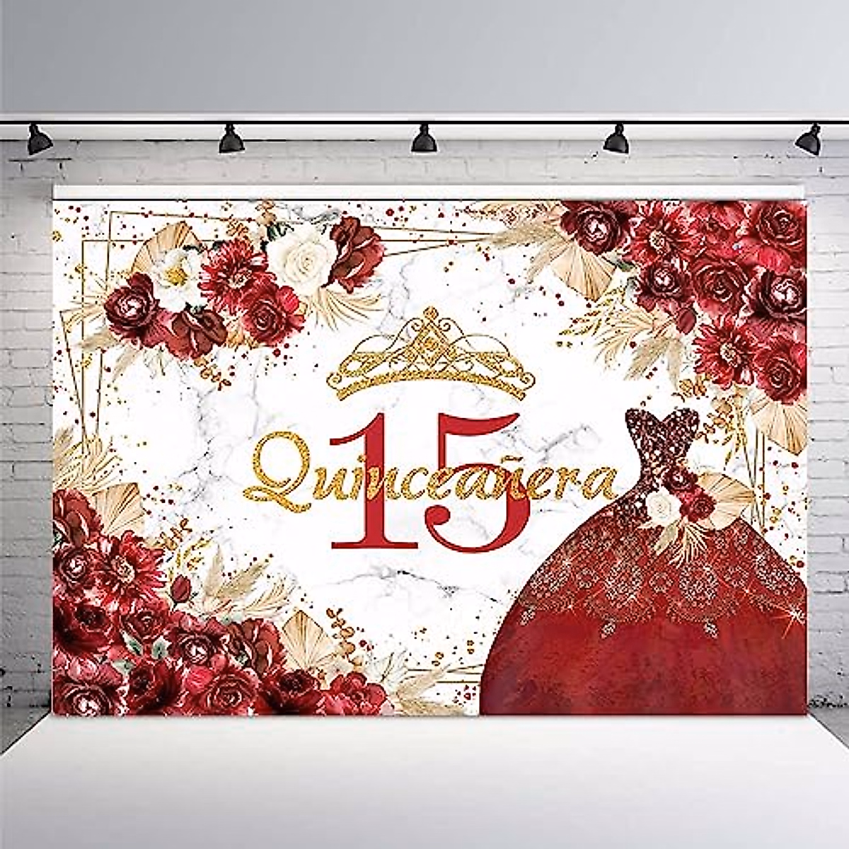 MEHOFOND 10x7ft Boho Floral Quinceanera 15th Birthday Backdrop for Girls Red Flowers Pampas Grass Mis Quince Anos 15th Birthday Party Decorations Photography Background Gold Glitter Dots Crown Banner
