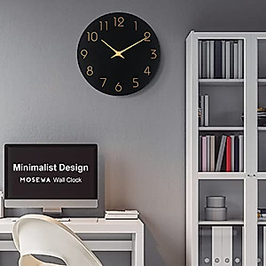 Mosewa 12 Inch Black Wall Clock Battery Operated Silent Non-Ticking - Modern Simple Minimalist Clock Decorative for Kitchen,Bedroom,Home Office,Bathroom,Living Room