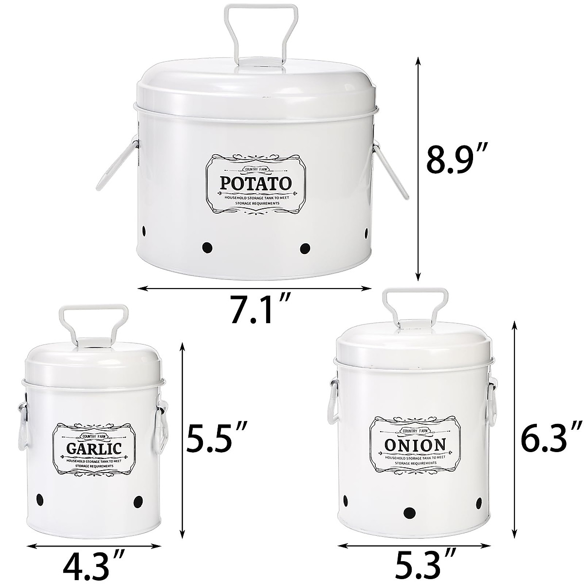 Suwimut Set of 3 Vegetable Storage Tins, Metal Potato Onion Garlic Storage Bin, Kitchen Canisters Vegetable Fresh Keeper Garlic Container Onion Keeper Potato Bin with Aerating Holes and Lid