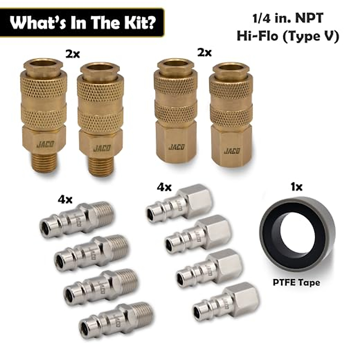 JACO Hi-Flo Quick Connect Air Hose Fittings - 1/4" NPT | High Flow Plug & Coupler Kit, Type V (Set of 12)
