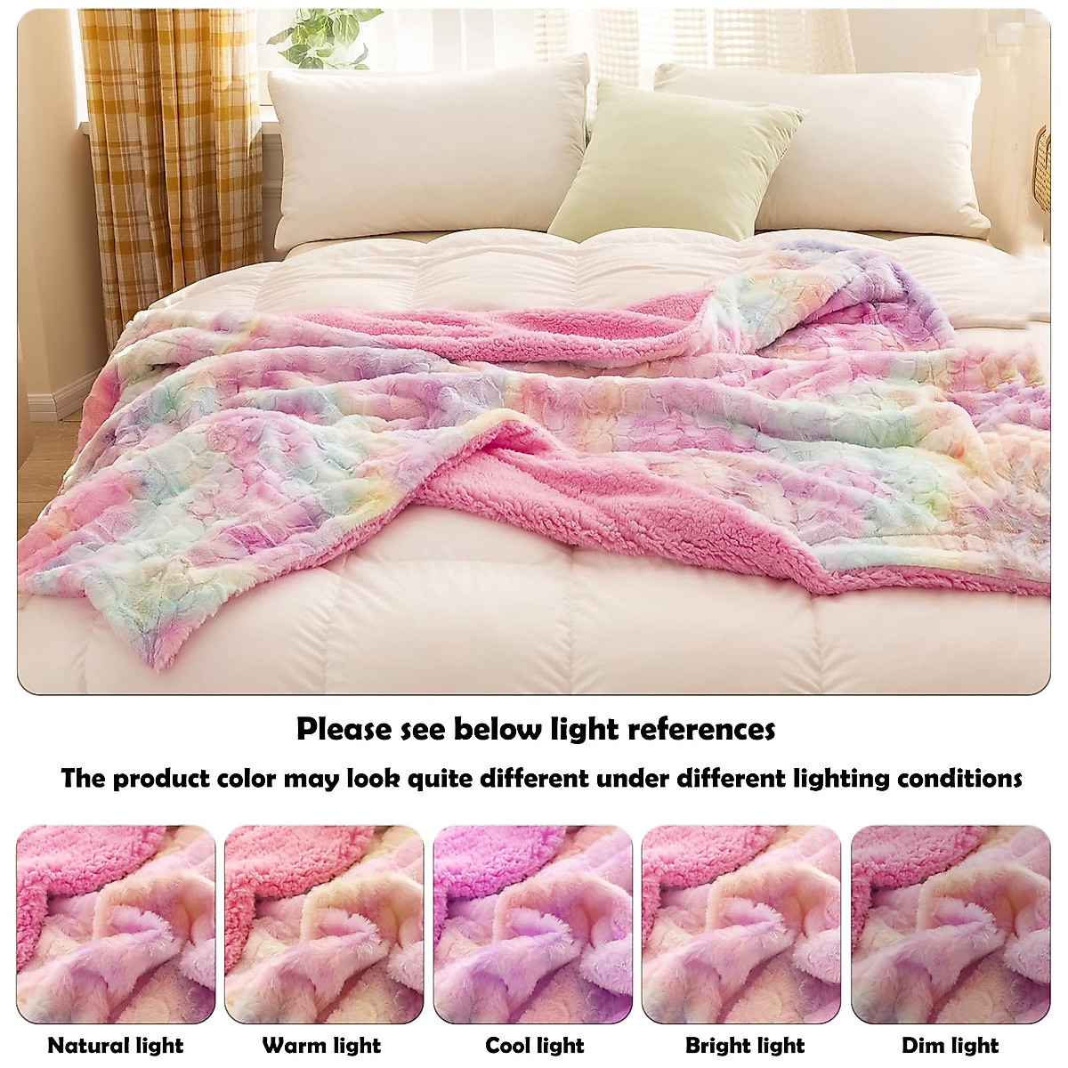 NEWCOSPLAY Super Soft Faux Fur Throw Blanket for Couch Light Rainbow Sherpa Fuzzy Plush Warm Blanket for Sofa Bed (Light Rainbow, Throw(50"x60"))