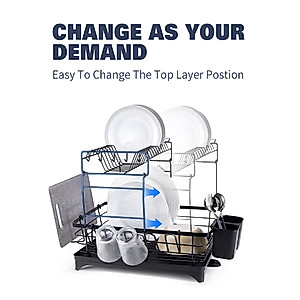 BRONYPRO Dish Drying Rack, 2 Tier Dish Drying Rack for Kitchen Counter, Extra Large Dish Strainer with Drainboard, Dish Organizer with Drying Board, Utensil Holder, Cup Rack, Black