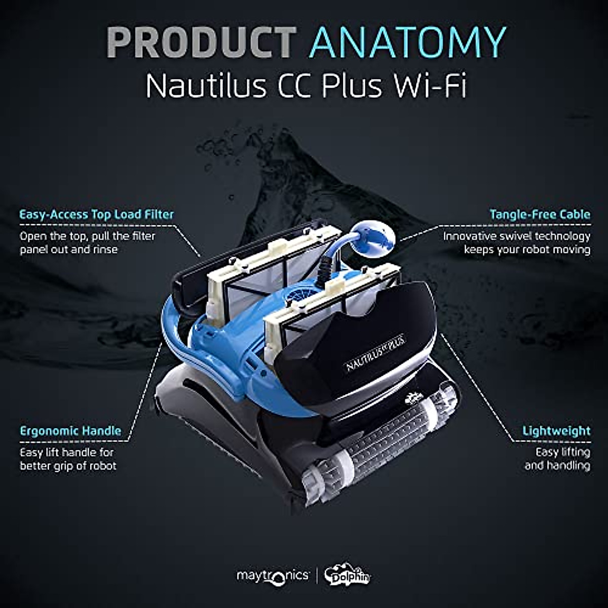 Dolphin Nautilus CC Plus Robotic Pool Vacuum Cleaner with Wi-Fi Control — Included Universal Caddy and Classic Caddy Cover — Ideal for Above/In-Ground Pools up to 50 FT in Length