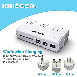 K KRIËGER Universal Travel Adapter, Step Down Transformer 200 Watt Capacity, International Power Adaptor w/ 4 USB Ports 6A Total Charging, 3 AC Outlets for USA EU UK AUS Worldwide Plug Adapter