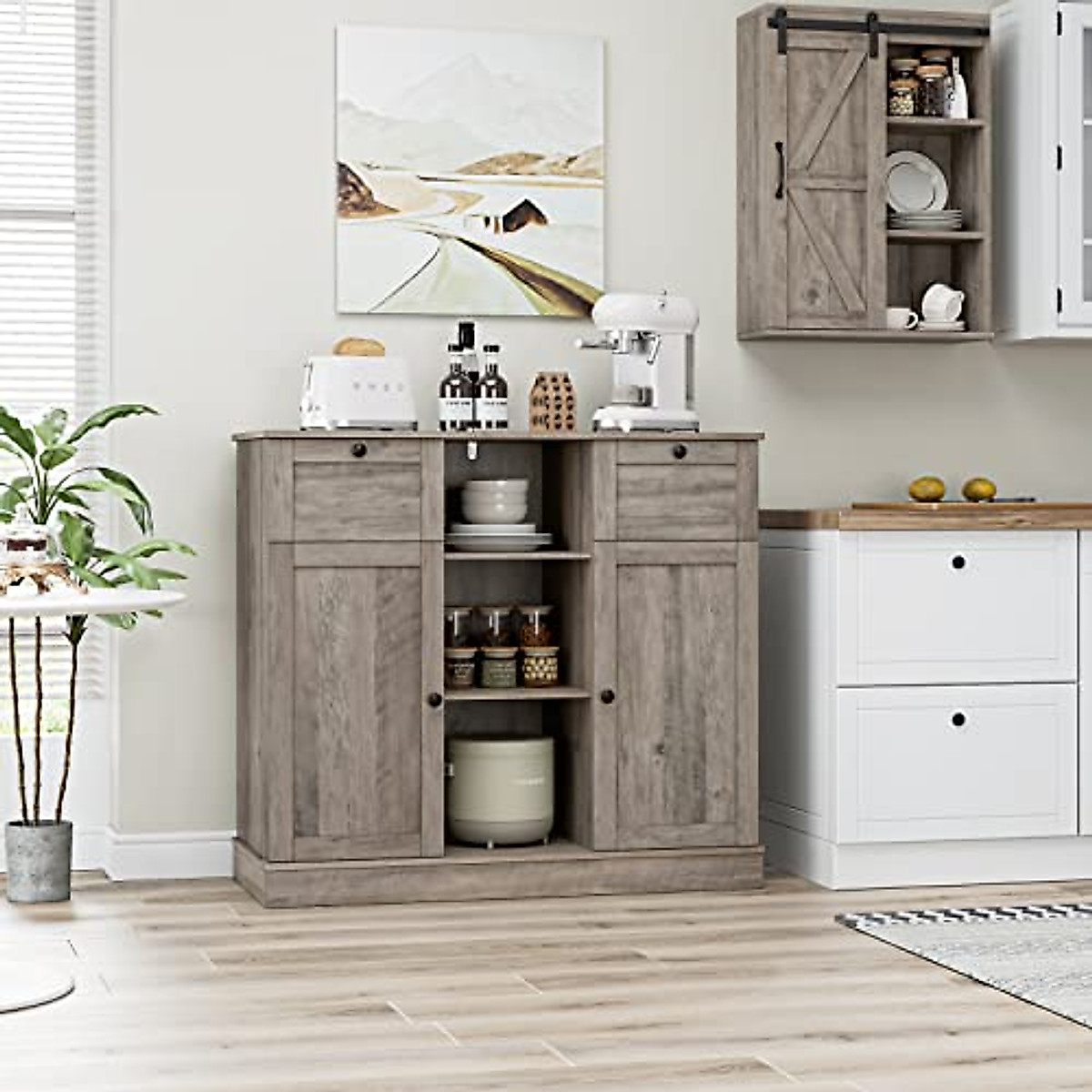 HOSTACK Buffet Sideboard Cabinet, Wine Bar Cabinet with Drawers and Removable Wine Rack, Coffee Bar Storage Cabinet with Shelves for Kitchen, Dining Room, Living Room, Ash Grey