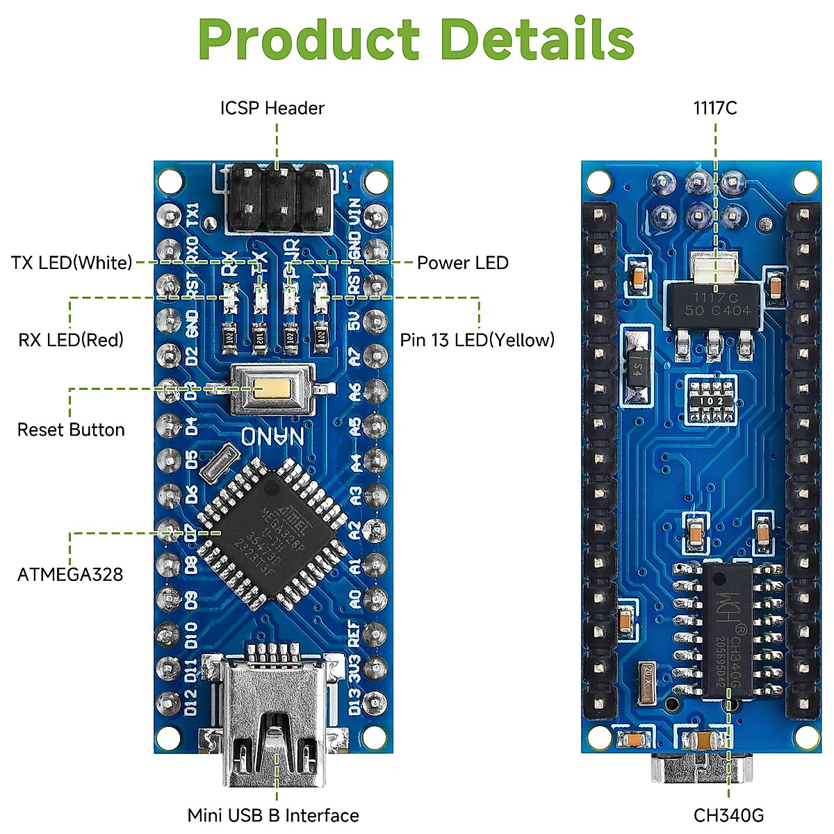 MakerFocus Pre-Soldered Nano V3.0 Board ATmega328P Microcontroller CH340 Chip 5V 16M with USB Cable Compatible with Arduino IDE(Mini USB B Port)