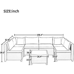 GAOPAN 7 Piece Garden Outdoor Modular Wicker Furniture Set, Sectional Rattan Sofa Patio Lounge & Deep Seating Conversation Furnishings with Cushions,Accent Pillows & Coffee Table, White+Black