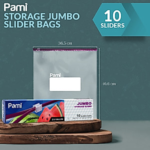 PAMI Jumbo Food Storage Slider 2.5 Gallon Bags [10-Pieces] - Leakproof Ziplock Bags With Expandable Bottom- Food-Safe Zipper Bags With Freshness Lock & Write-On Label- Reusable Large Sandwich Bags