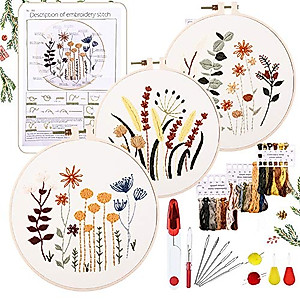 YINVA 3 Sets Embroidery Beginner Kits Embroidery Starter Kit Cross Stitch Kit Include 3 Embroidery Clothes with Floral Pattern Instructions Hoops Floss Thread Fabric Needles for Beginners