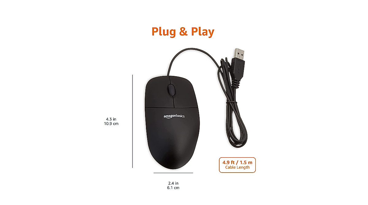 Amazon Basics 3-Button Wired USB Mouse – Reliable, Plug & Play