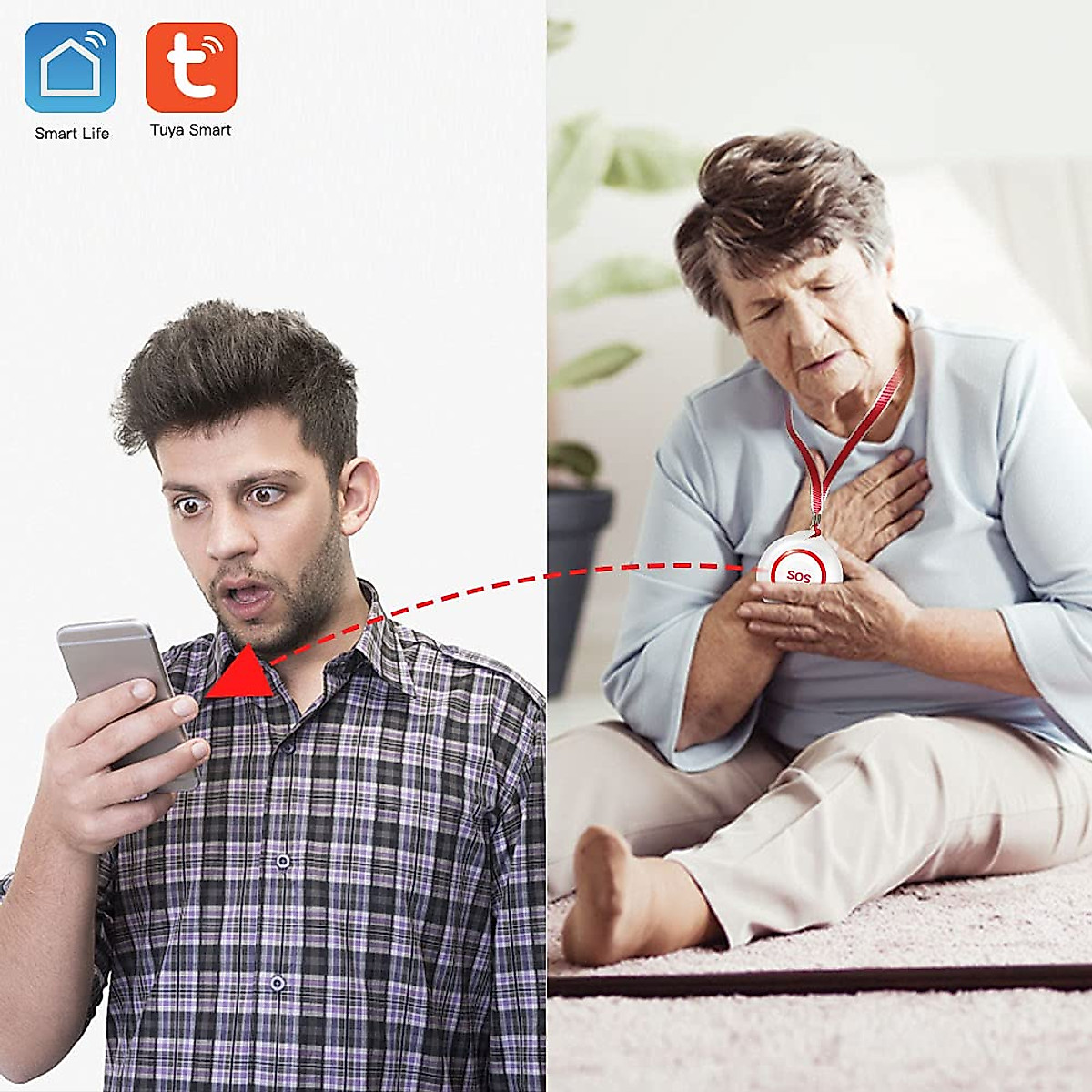 SINGCALL Caregiver Pager Panic Button Alert Button Medical Alert System Emergency Button for Elderly SOS Alarm Bell for Seniors Tuya Smart Waterproof Wireless Pager (only 2.4GHz WiFi)