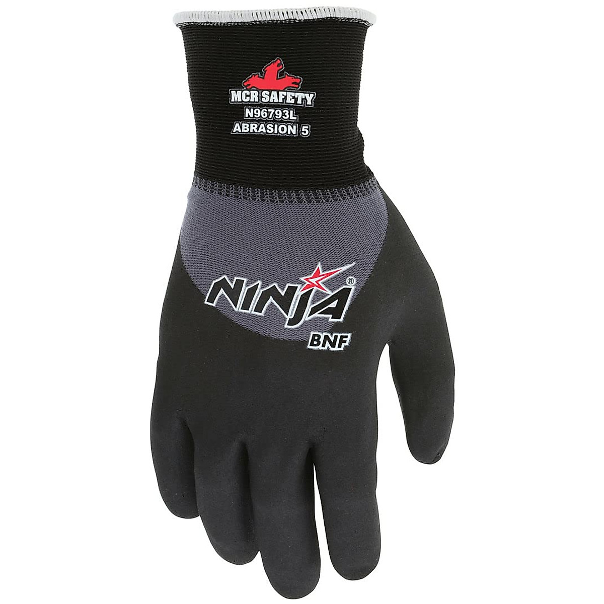 MCR Safety Gloves N96793L Ninja BNF Work Gloves 15 Gauge Nylon/Spandex Shell with NFT Coated Over the Knuckle Palm, Large,Black