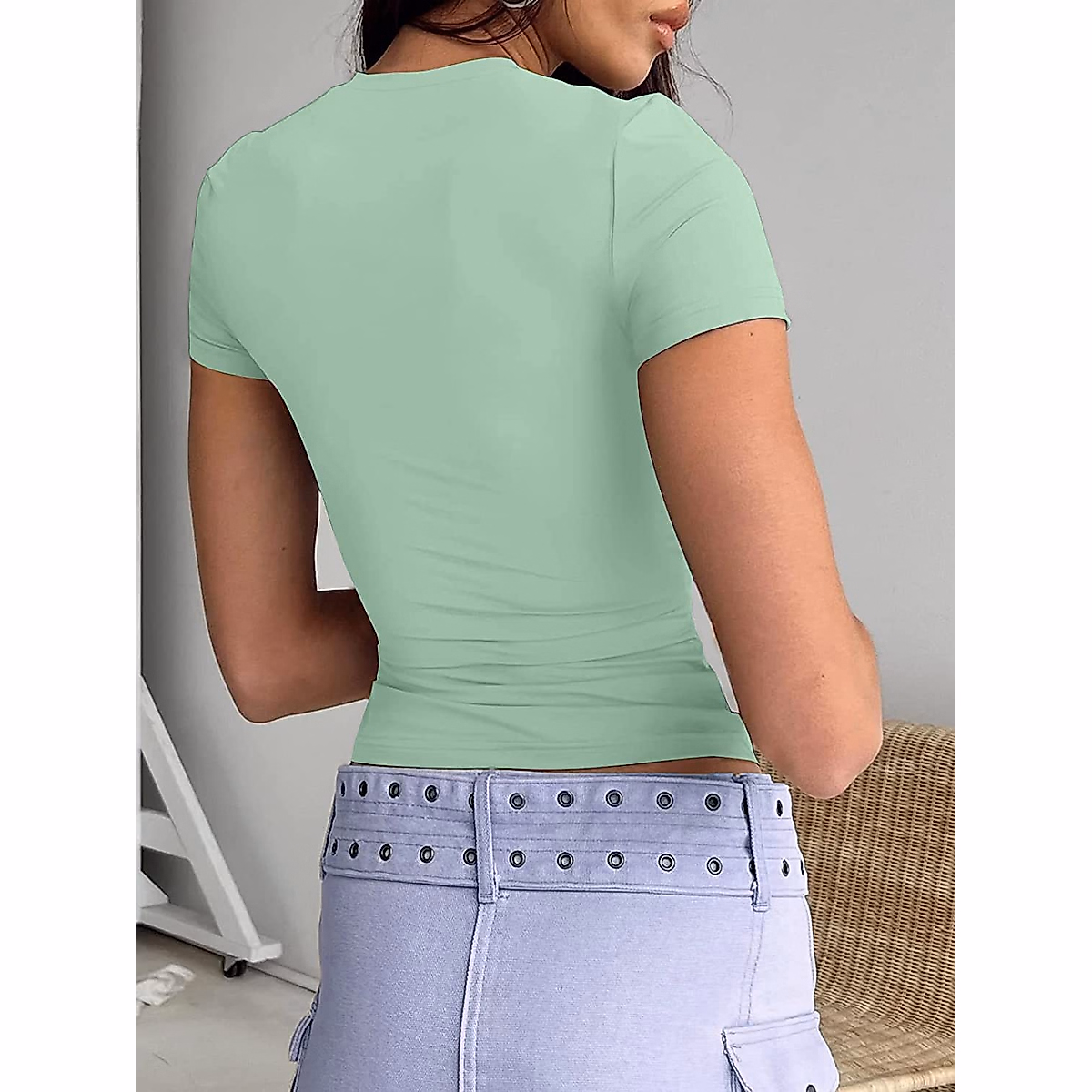 Abardsion Women's Casual Basic Going Out Crop Tops Slim Fit Short Sleeve Crew Neck Tight T Shirts (Mint Green, S)