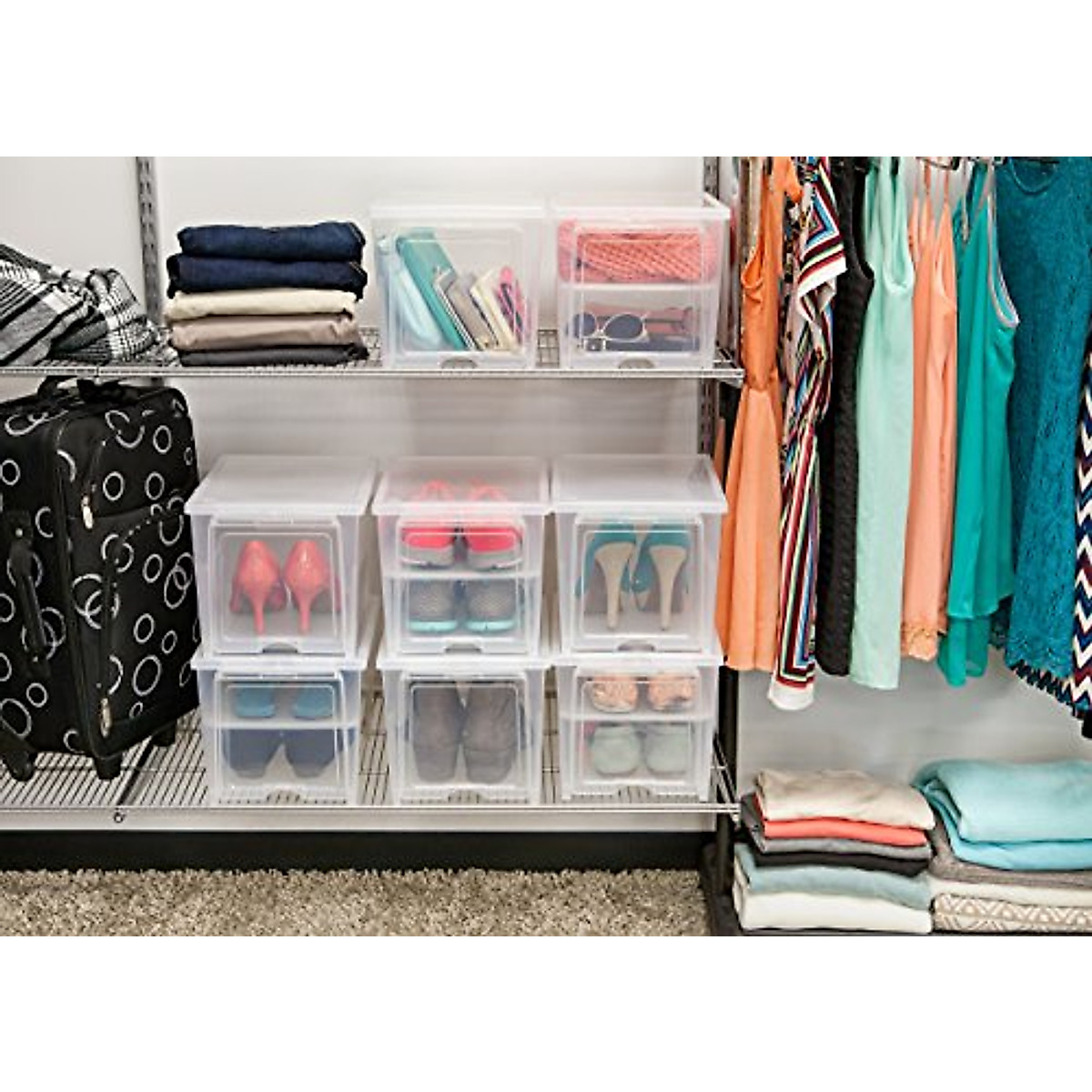 IRIS USA 4 Pack Shoe Storage Box, Clear Plastic Stackable Shoe Organizers for Closet, Space Saving Drop Front Sneaker Containers, Tall