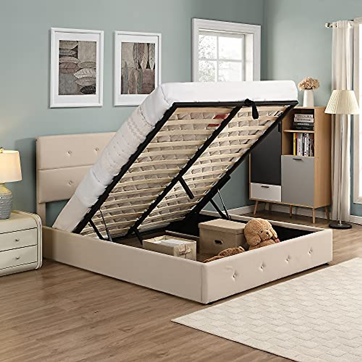 BIADNBZ Queen Size Platform Bed Frame Upholstered with Lifting Underneath Storage and Headboard, Wooden Slat Support, No Box Spring Needed, Beige