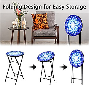 Tangkula 22”H Mosaic Plant Stand, Folding Outdoor Side Table, Round Patio End Table, 14” Ceramic Tile Top Metal Frame, Small Bistro Coffee Table, Outdoor Indoor Accent Table for Porch Garden Balcony
