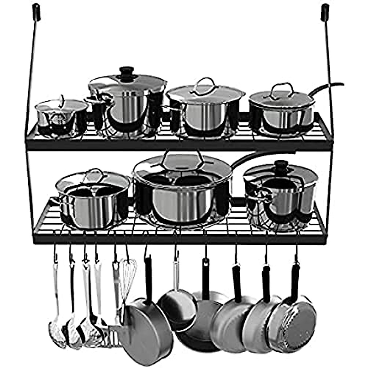 BERTY·PUYI Hanging Rack Mounted Kitchen Pot Rack for Kitchen Storage and Organization Matte Black 2 Tier Wall Shelf for Pots and Pans with 12 Hooks