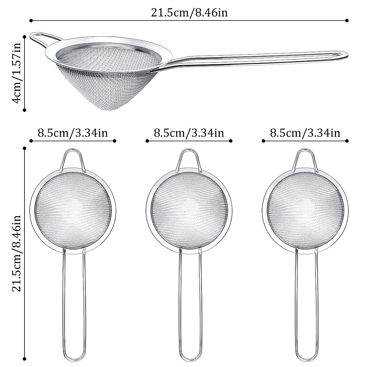 3 Pieces Tea Strainers Cocktail Strainer Stainless Steel Fine Mesh Strainer Colander Conical Food Loose Tea Strainer Practical Bar Strainer Tool (Silver,3.3 Inches)