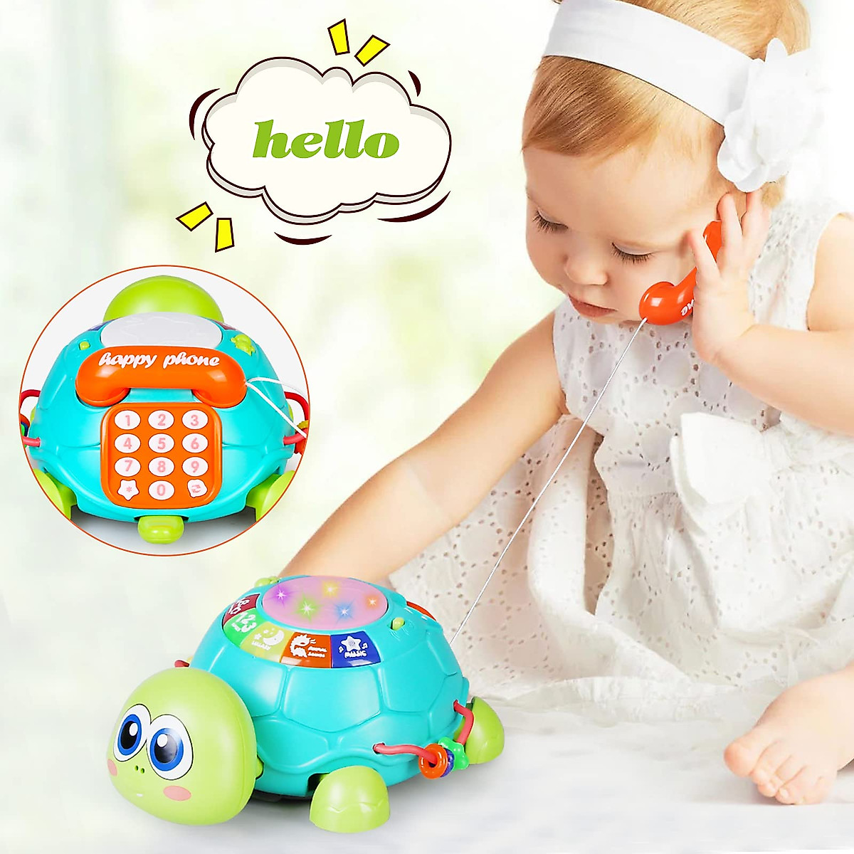 kramow Musical Turtle Toy, Early Educational Developmental Toys, Baby Learning Toy W/Lights & Sounds, Pretend Phone Call,Crawling Baby Toy