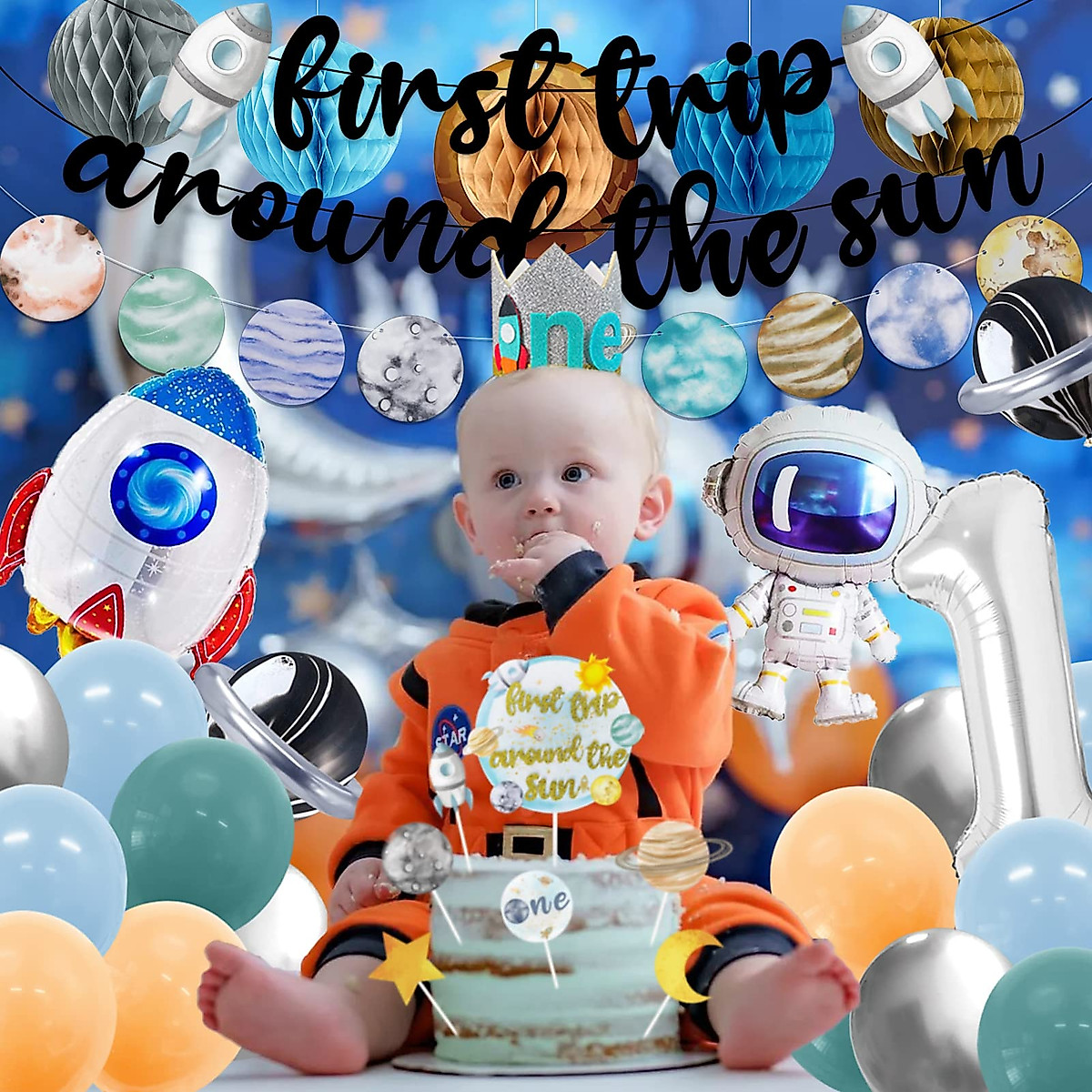 First Trip Around The Sun Birthday Party Decoration Pack, 1st Baby Shower Birthday Party Supplies Include Banner, Star Garland, High Chair ONE Banner, Cake Toppers, Latex and Foil Balloons, Felt Hat