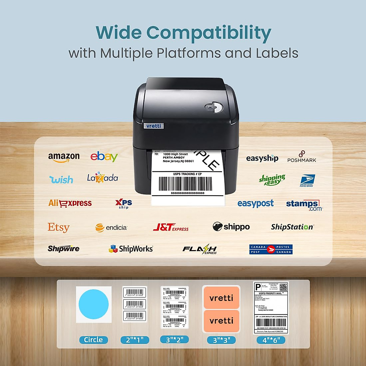vretti Wi-Fi Thermal Label Printer, Wireless Shipping Label Printer for Small Business & Package, 4x6 Label Printer Compatible with Etsy, Ebay, Amazon, Shopify, USPS and More