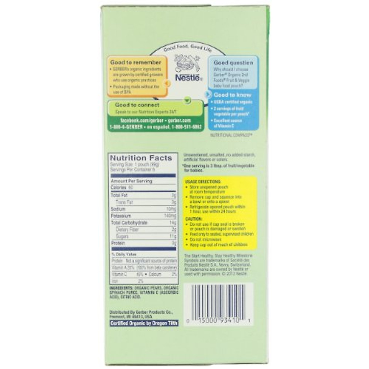 Gerber 2nd Foods Organic, Pear Spinach (6 Count, 3.5 Oz Each)