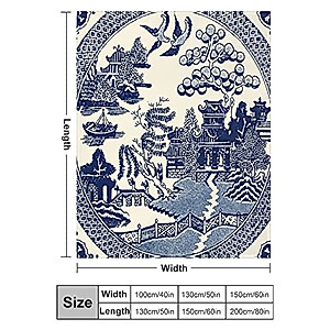 Ancient China Blue Willow Chinoiserie Flannel Fleece Throw Blankets 50"X40" Lightweight Fluffy Winter Fall Blanket Cozy Soft Fuzzy Plush Home Decor for Couch Bed Sofa Bedroom Living Room Travel