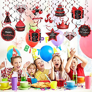 Funrous 30 Pieces Happy Birthday Hanging Swirl Decorations Birthday Party Ceiling Streamers Party Foil Swirls for Kids Women Men Birthday Party Decor Supplies (Red and Black)