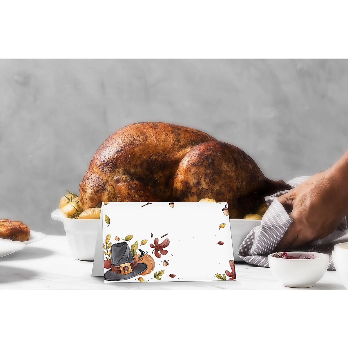 Table Place Card, Fall Thanksgiving Themed Tent Style Cards, Pack of 25 Half-Fold Reception Place Card with Top Hat and Pumpkin, Perfect for Thanksgiving Dinner, Party, Birthday, Wedding, Banquet A09