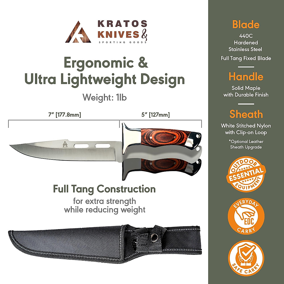 Full Tang Bushcraft Knife, 12" Full Tang Survival Knife Fixed Blade, Camp Knife 440C Stainless Steel Camping Knife with Sheath By Kratos - ZF4