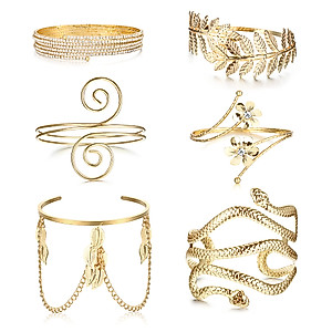 Jstyle 6Pcs Coil Upper Arm Cuff Open Arm Band Bracelet for Women Greek Goddess Filigree Swirl Boho Armlet Bangle Costume Jewelry Adjustable Gold Tone