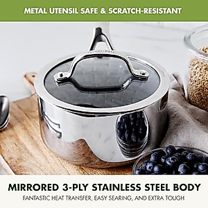 GreenPan Valencia Pro Stainless Steel 1.5QT Saucepan with Lid, Induction Mirrored Tri-Ply, Ceramic Nonstick PFAS-Free PFOA- Free Coating, Multi Clad Pan, Induction, Dishwasher Safe, Oven &Broiler Safe