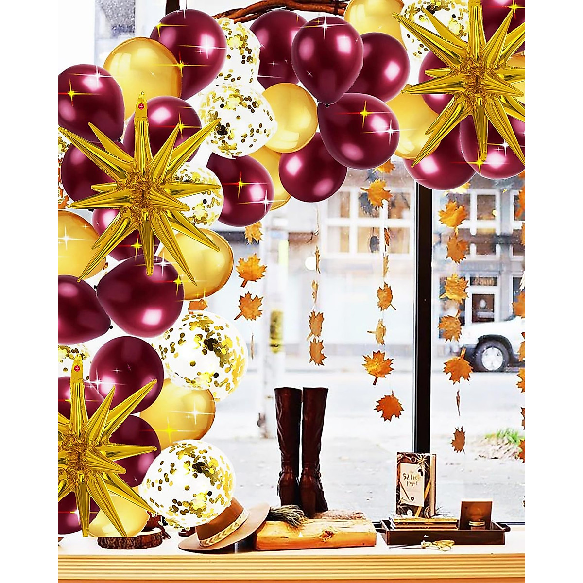 Burgundy Gold Balloons/Fall Balloons/Burgundy Gold Graduation Decorations 2024/Fall Bridal Shower Decorations Fall Birthday Decorations//Star Balloons 45pcs Maroon Gold