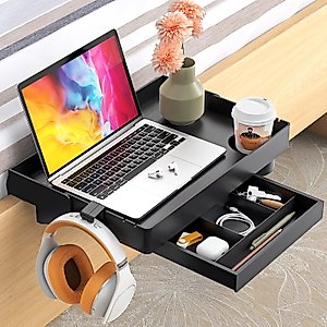 SPACELEAD Bedside Shelf for Bed – College Dorm Room Clip On Nightstand with Cup Holder & Cord Holder&drawer – Bunk Bed Shelf for Organizer Top for Bedroom (Black，Plastic)
