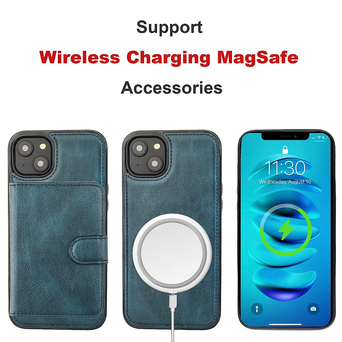 Bocasal Wallet Case for iPhone 14 Compatible with MagSafe Magnetic RFID Blocking Detachable Premium PU Leather Flip Case with Card Slots Holder Kickstand Wireless Charging 6.1 Inch (Blue)