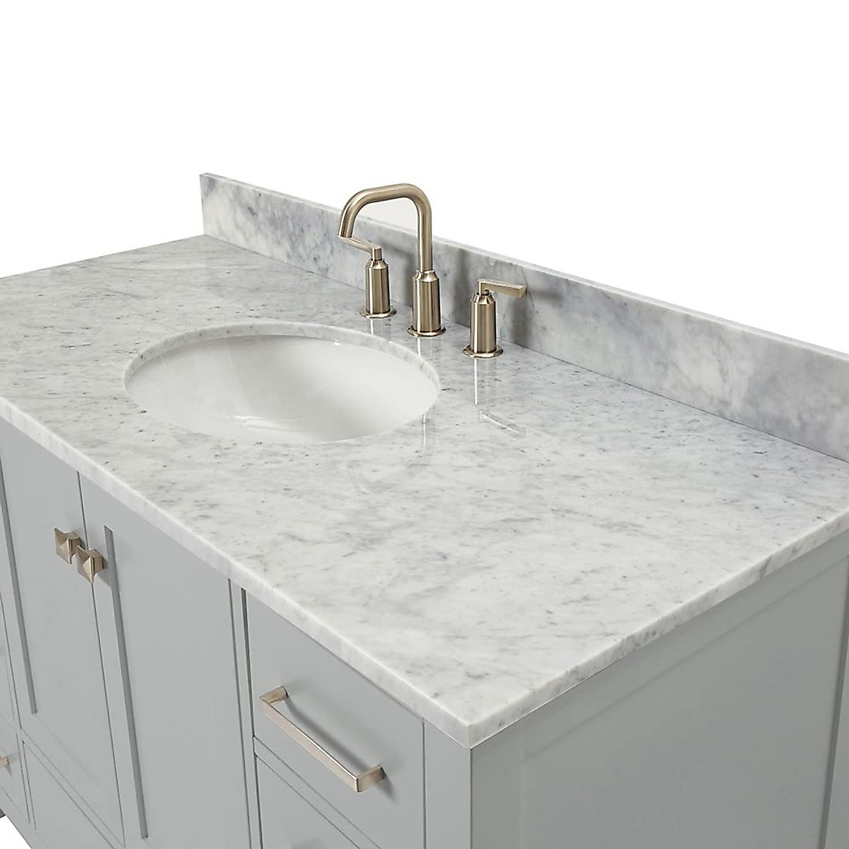 ARIEL 49" Grey Bathroom Vanity with Italian Carrara Marble Countertop & Backsplash, Center Oval Sink, 2 Soft Closing Doors, 9 Full Extension Dovetail Drawers, Brushed Nickel