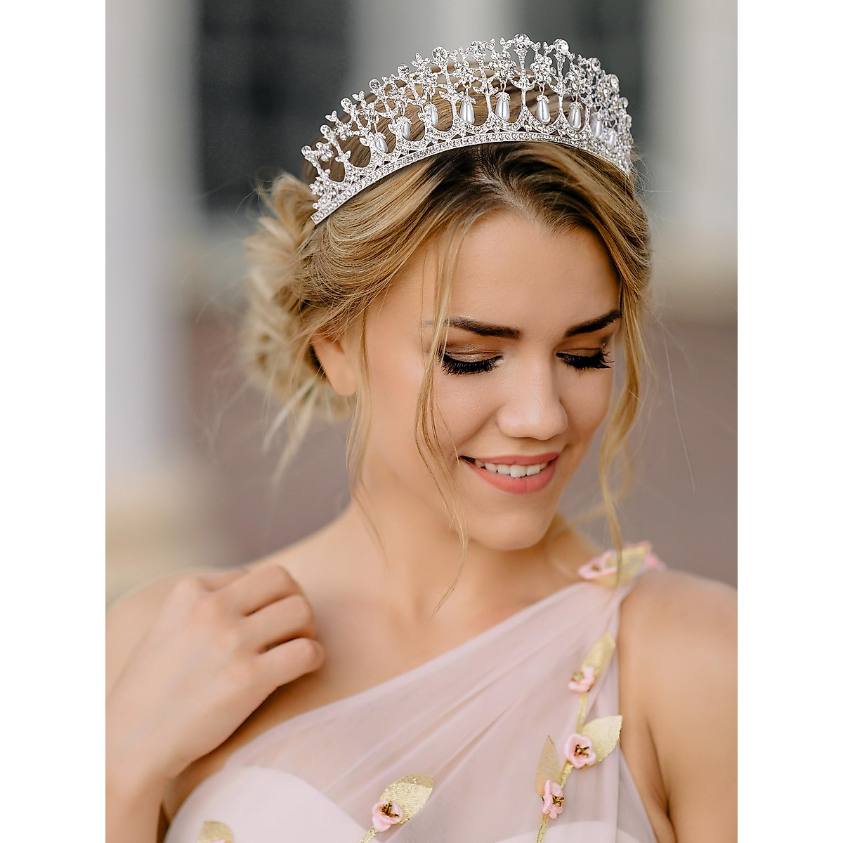SWEETV Princess Diana Tiara for Women, Silver Pearl Wedding Crown for Bride, Rhinestone Costume Accessories for Birthday Party Prom