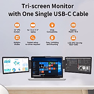 Saterkali Swivel 12 Inch Attachable Portable Monitor for Laptop, 16:9 H D-Compatible IPS Dual Triple Monitor Screen Extender for 13 to 16-inch Laptops Black