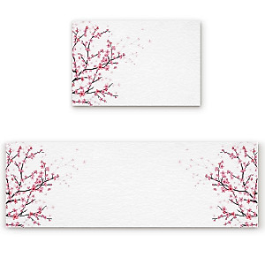 Midetoy 2 Piece Kitchen Rug Set Non Slip Cushioned Floor Mat Elegant Cherry Blossoms Kitchen Rugs Washable Doormat 17"X48"+17"X24"
