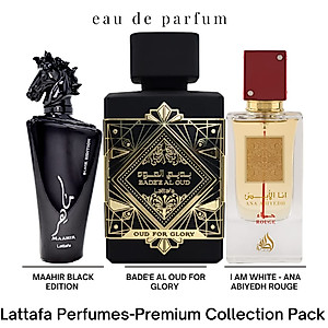 Lattafa Fakhar 3-Piece Set for Unisex, (3.4 Oz Bade'e Al Oud For Glory+ 3.4 Oz Ana Abiyedh Rouge + 3.4 Oz Maahir Black Edition)