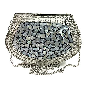 Ethnic Clutch Gift Metal Bag Metal Clutch Vintage Handmade Bags Metal Mosaic Stone Bag, Shell Purse, Sling Bag, Party Bag (Silver)