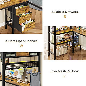 ADORNEVE Loft Bed Twin Size with L-Shaped Desk, LED Lights,Charging Station, Twin Metal Loft Bed Frame with Fabric Drawers & Shelve, 13.4" H Safety Guardrail, No Box Spring Needed, Black