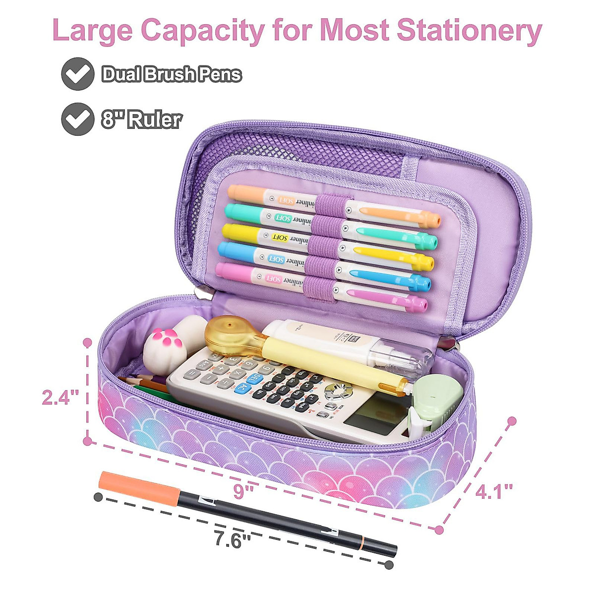 BrainyBees Pencil Case for Girls - Cute Pencil Case for Kids Special Pencil Pouch for Girls Sparkly Kids Pencil Box Pencil Bag for School, Pencil Case Only (Glitter Purple, Mermaid)