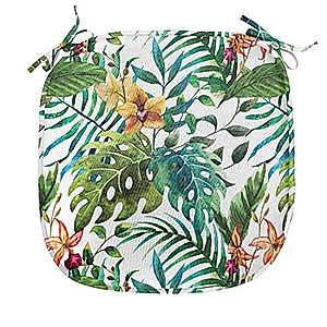 Ambesonne Leaf Chair Seating Cushion Set of 4, Vintage Retro 60s Seem Banana Palm Tree Leaves Flowers Hibiscus, Anti-Slip Seat Padding for Kitchen & Patio, 16"x16", Pale Caramel Burgundy