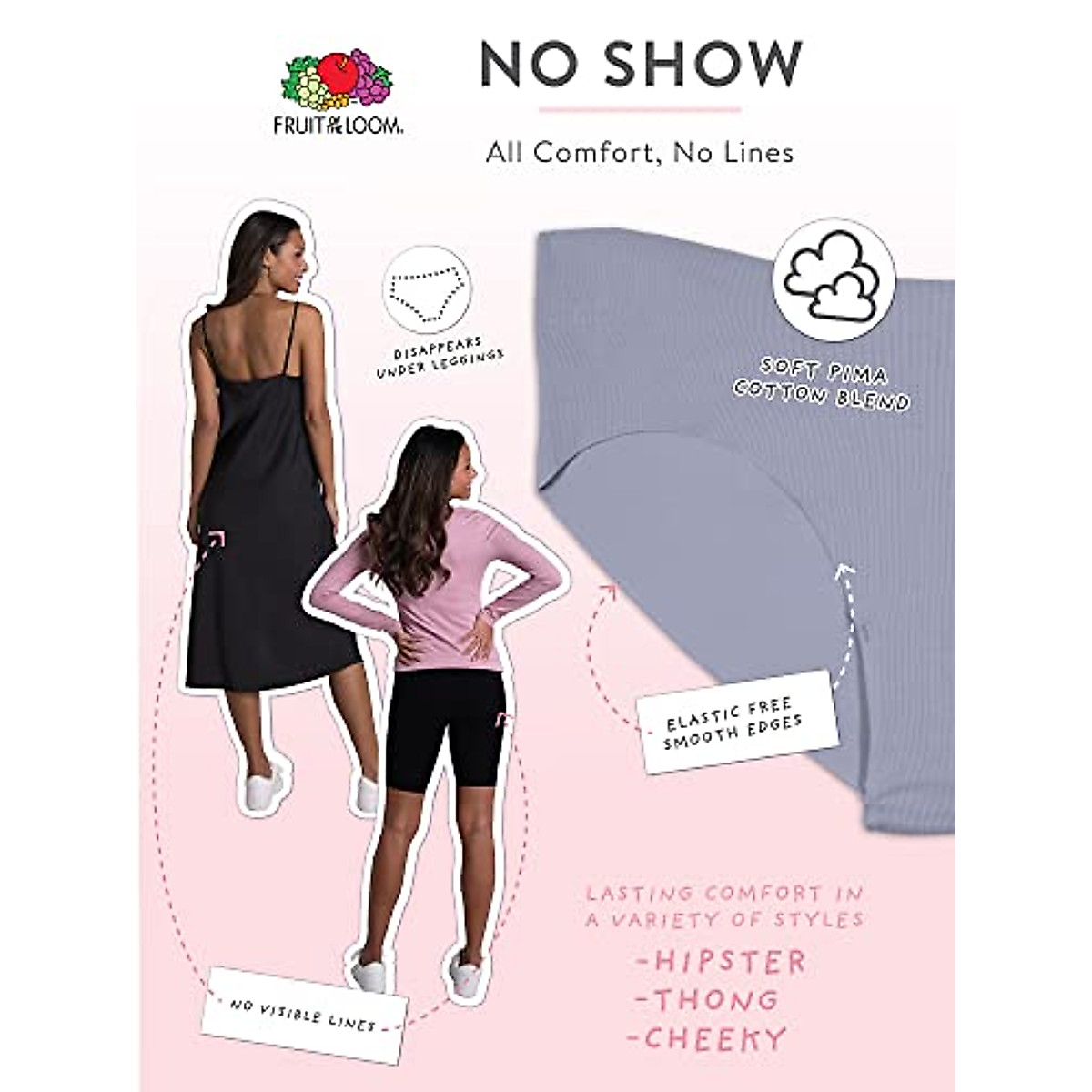 Fruit of the Loom Women's No Show Seamless Underwear, Amazing Stretch & No Panty Lines, Available in Plus Size, Thong-3 Pack-Mango/Nude/Blue, 6