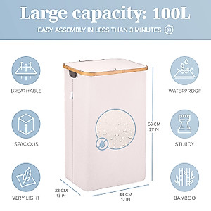 Lonbet - Laundry Hamper with Lid Cover - Sturdy Tall Bamboo Laundry Basket Clothes Organizer - Aesthetic Bedroom Fabric Bin - Big Bathroom Dirty Clothes Hamper - Removable Bag - XL 100 Liters - Beige